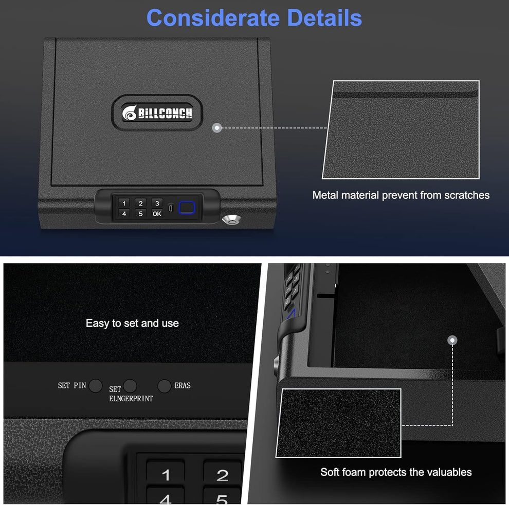 BILLCONCH Gun Safe, A1 Biometric Gun Safe for Handgun 3-Ways unlock Sa ...